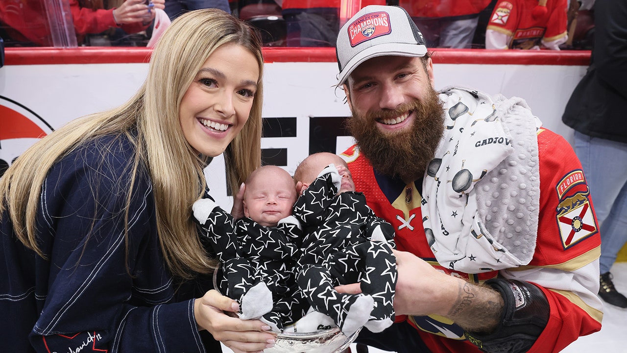 Newborn twins pose with Jonah Gadjovich and his wife Allison in Stanley ...